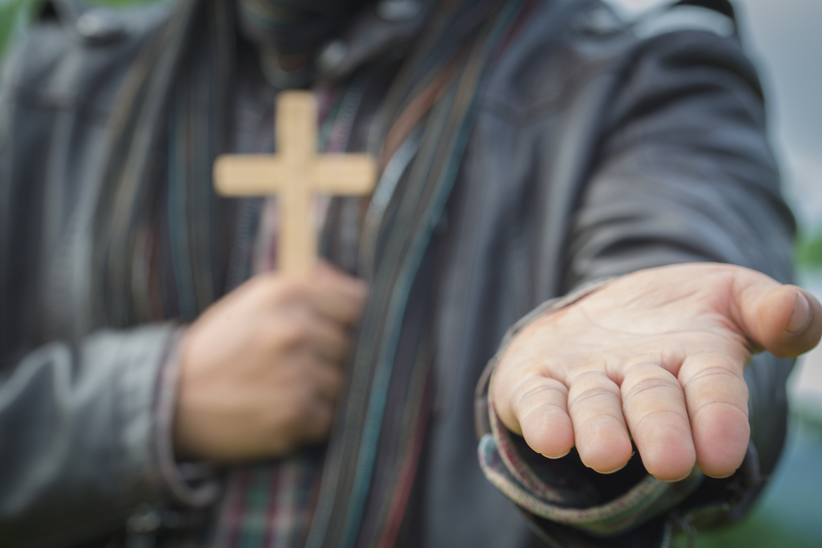 Human Hand Holds Cross And Open Palm Up Worship. Eucharist Thera – The ...