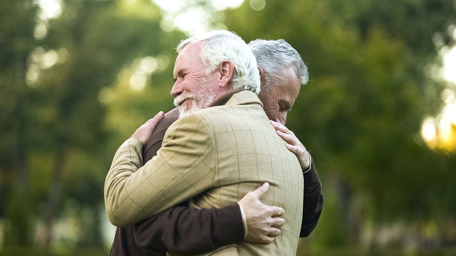 Mature Men Hugging, Happy To See Each Other, Old Friends Meeting – The ...